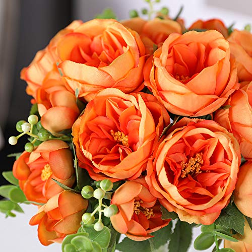 Nubry Artificial Flowers 2 Bunches Fake Peony Silk Flowers Arrangements with Eucalyptus Leaves Faux Realistic Bouquet for Wedding Decoration (Orange)