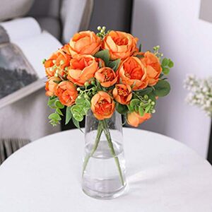 Nubry Artificial Flowers 2 Bunches Fake Peony Silk Flowers Arrangements with Eucalyptus Leaves Faux Realistic Bouquet for Wedding Decoration (Orange)