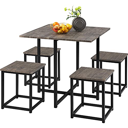 Yaheetech 5-Piece Dining Table Set - Industrial Kitchen Table & Chairs Sets for 4 - Compact Table with 4 Stools & Space-Saving Design for Apartment, Small Space, Breakfast Nook, Drift Brown