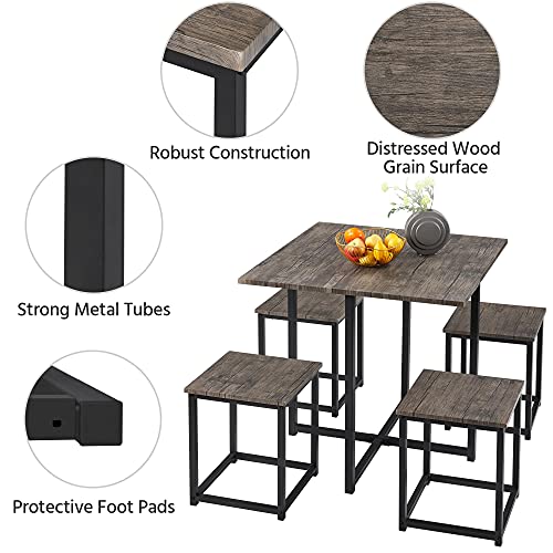 Yaheetech 5-Piece Dining Table Set - Industrial Kitchen Table & Chairs Sets for 4 - Compact Table with 4 Stools & Space-Saving Design for Apartment, Small Space, Breakfast Nook, Drift Brown