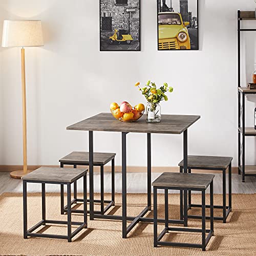 Yaheetech 5-Piece Dining Table Set - Industrial Kitchen Table & Chairs Sets for 4 - Compact Table with 4 Stools & Space-Saving Design for Apartment, Small Space, Breakfast Nook, Drift Brown