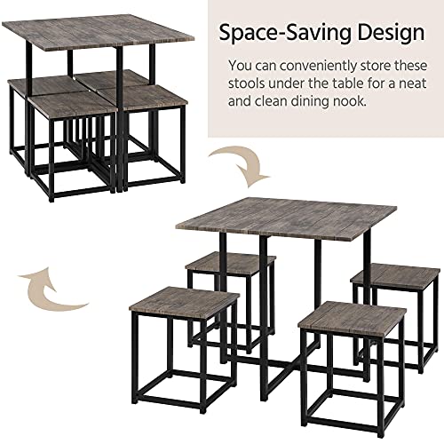 Yaheetech 5-Piece Dining Table Set - Industrial Kitchen Table & Chairs Sets for 4 - Compact Table with 4 Stools & Space-Saving Design for Apartment, Small Space, Breakfast Nook, Drift Brown