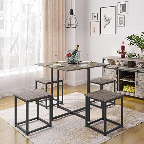 Yaheetech 5-Piece Dining Table Set - Industrial Kitchen Table & Chairs Sets for 4 - Compact Table with 4 Stools & Space-Saving Design for Apartment, Small Space, Breakfast Nook, Drift Brown