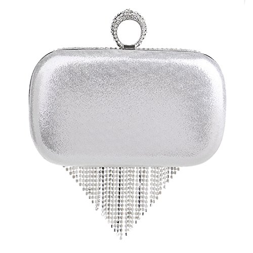 UMREN Women Crystal Tassel Clutch Purses Evening Clutch Bag Rhinestones Handbag for Wedding Party (One Size, Silver)