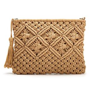 clutch purses for women, joseko tassel straw handbag vintage handwoven bag summer beach bag camel brown