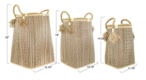 Creative Co-Op 14.25", 18" & 22" Handwoven Seagrass Handles & Tassels (Set of 3 Sizes) Baskets, Multicolor