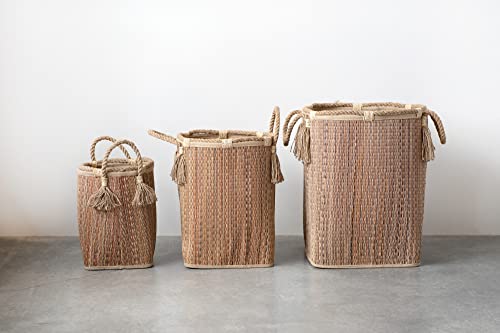 Creative Co-Op 14.25", 18" & 22" Handwoven Seagrass Handles & Tassels (Set of 3 Sizes) Baskets, Multicolor