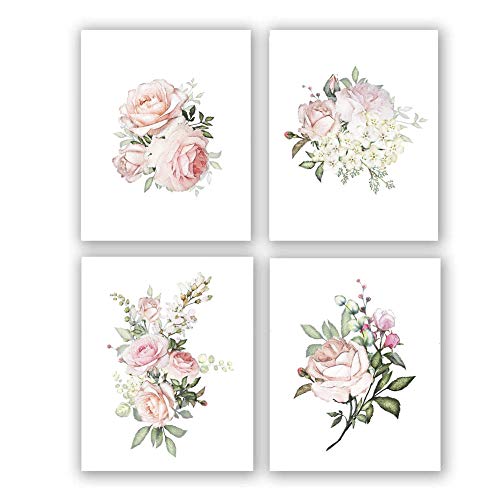 TANXM 4 Set - Pink rose Canvas Painting Flower Wall Art,Modern Wall Decor Bathroom Living Room Girls Bedroom - No Frame,8"x10"