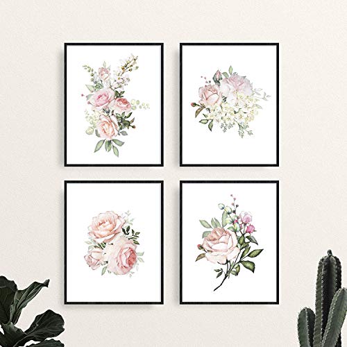 TANXM 4 Set - Pink rose Canvas Painting Flower Wall Art,Modern Wall Decor Bathroom Living Room Girls Bedroom - No Frame,8"x10"