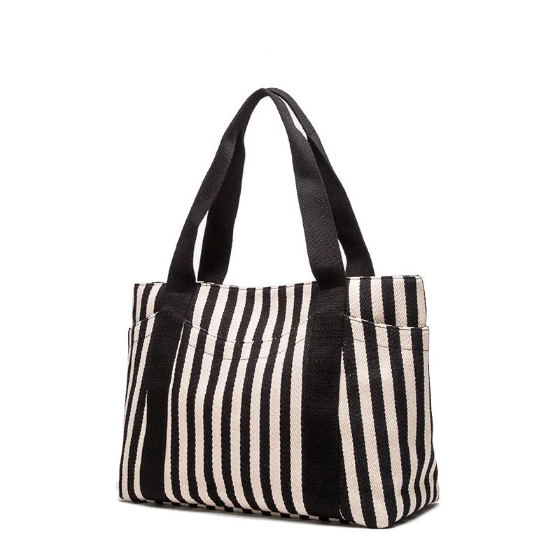 YHSHYZH Medium Tote Handbag Black & White Striped Daily Satchel Shoulder Purses with Multi-Pockets Canvas Vaction Work Tote with Zipper Spring Summer Beach Bag Gifts for Womens (M Black+White)