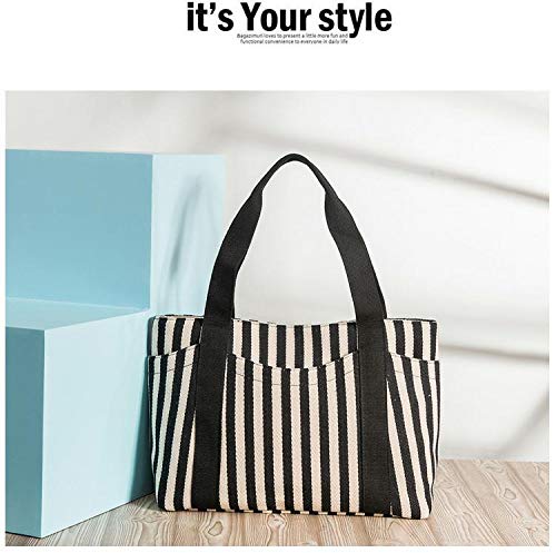 YHSHYZH Medium Tote Handbag Black & White Striped Daily Satchel Shoulder Purses with Multi-Pockets Canvas Vaction Work Tote with Zipper Spring Summer Beach Bag Gifts for Womens (M Black+White)