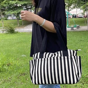 YHSHYZH Medium Tote Handbag Black & White Striped Daily Satchel Shoulder Purses with Multi-Pockets Canvas Vaction Work Tote with Zipper Spring Summer Beach Bag Gifts for Womens (M Black+White)