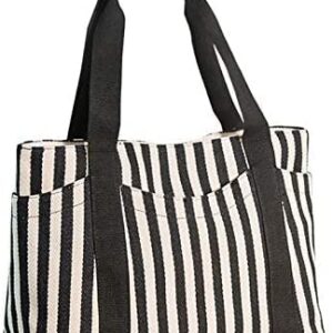 YHSHYZH Medium Tote Handbag Black & White Striped Daily Satchel Shoulder Purses with Multi-Pockets Canvas Vaction Work Tote with Zipper Spring Summer Beach Bag Gifts for Womens (M Black+White)