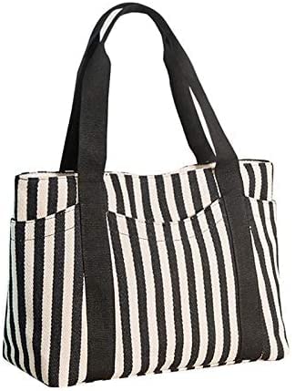 YHSHYZH Medium Tote Handbag Black & White Striped Daily Satchel Shoulder Purses with Multi-Pockets Canvas Vaction Work Tote with Zipper Spring Summer Beach Bag Gifts for Womens (M Black+White)