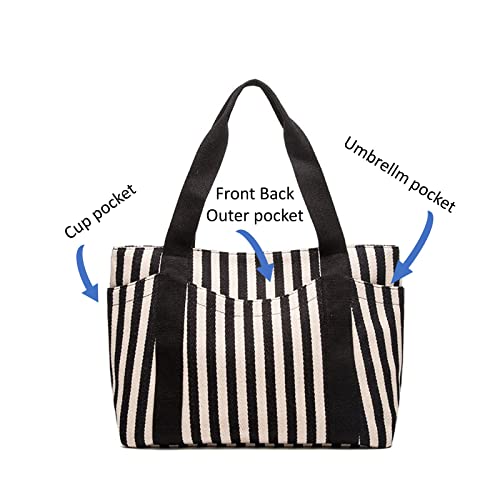 YHSHYZH Medium Tote Handbag Black & White Striped Daily Satchel Shoulder Purses with Multi-Pockets Canvas Vaction Work Tote with Zipper Spring Summer Beach Bag Gifts for Womens (M Black+White)