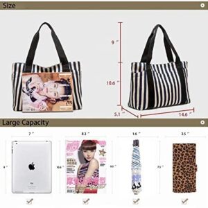 YHSHYZH Medium Tote Handbag Black & White Striped Daily Satchel Shoulder Purses with Multi-Pockets Canvas Vaction Work Tote with Zipper Spring Summer Beach Bag Gifts for Womens (M Black+White)