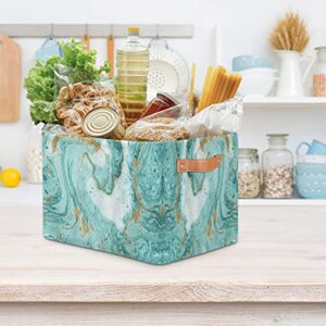 Teal Marble Storage Basket Bins, Turquoise Marble Texture Large Foldable Storage Baskets Fabric Organizer Storage Cubes Box with Handles Collapsible Basket for Shelf Closet Nursery Home Office 1 Pack