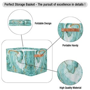 Teal Marble Storage Basket Bins, Turquoise Marble Texture Large Foldable Storage Baskets Fabric Organizer Storage Cubes Box with Handles Collapsible Basket for Shelf Closet Nursery Home Office 1 Pack