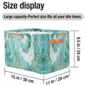 Teal Marble Storage Basket Bins, Turquoise Marble Texture Large Foldable Storage Baskets Fabric Organizer Storage Cubes Box with Handles Collapsible Basket for Shelf Closet Nursery Home Office 1 Pack