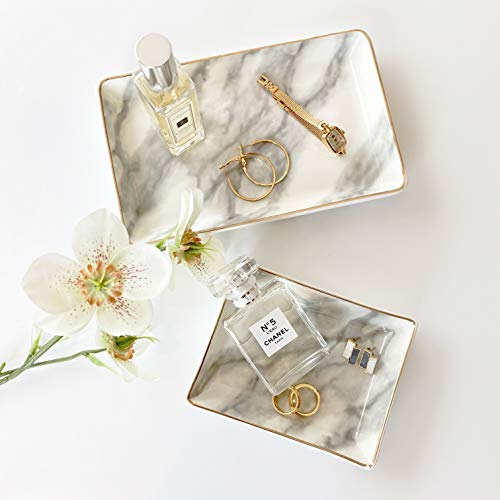 April Box Valet Marble Tray set of 2 – Marble Console Table Trays – Key Trays –Vanity Trays–Jewelry dish– Decorative Tray Organizer for Watch, Wallet, Perfume, Keys – Made of Thick and Durable Ceramic