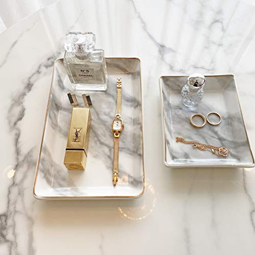 April Box Valet Marble Tray set of 2 – Marble Console Table Trays – Key Trays –Vanity Trays–Jewelry dish– Decorative Tray Organizer for Watch, Wallet, Perfume, Keys – Made of Thick and Durable Ceramic