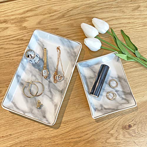 April Box Valet Marble Tray set of 2 – Marble Console Table Trays – Key Trays –Vanity Trays–Jewelry dish– Decorative Tray Organizer for Watch, Wallet, Perfume, Keys – Made of Thick and Durable Ceramic