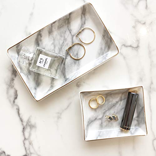 April Box Valet Marble Tray set of 2 – Marble Console Table Trays – Key Trays –Vanity Trays–Jewelry dish– Decorative Tray Organizer for Watch, Wallet, Perfume, Keys – Made of Thick and Durable Ceramic