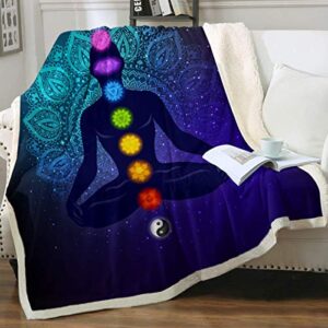 chakra meditation soft blanket chakra color flowers zen spiritual sherpa plush fleece throw blanket spiritual mandala ultra luxurious plush blanket purple blue and teal twin(60″x80″)