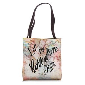 let the adventure begin vintage map design tote bag