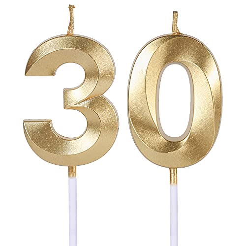 Gold 30th Birthday Candles for Cakes, Number 30 3 Glitter Candle Cake Topper for Party Anniversary Wedding Celebration Decoration