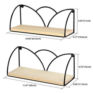 J JACKCUBE Design Floating Black Wire Wood Shelves Set of 2, Small Hanging Decorative Plant Wall Shelf for Bedroom Living Room Kitchen Bathroom Office - MK672A