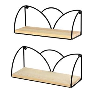 J JACKCUBE Design Floating Black Wire Wood Shelves Set of 2, Small Hanging Decorative Plant Wall Shelf for Bedroom Living Room Kitchen Bathroom Office - MK672A