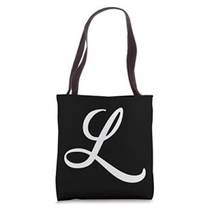 letter l cursive script monogram white black script capital tote bag