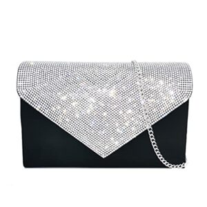 juboo paradise black evening purses for women wedding prom party, silver rhinestone faux suede crossbody shoulder formal bride envelop evening clutch bag handbag