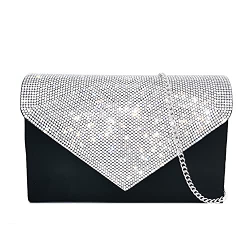 JUBOO PARADISE Black Evening Purses for Women Wedding Prom Party, Silver Rhinestone Faux Suede Crossbody Shoulder Formal Bride Envelop Evening Clutch Bag Handbag