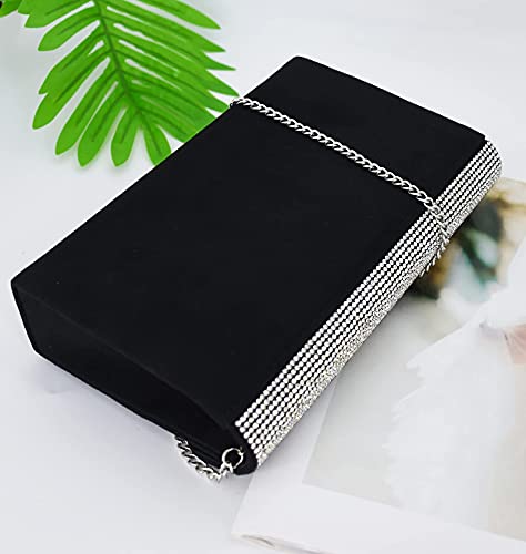 JUBOO PARADISE Black Evening Purses for Women Wedding Prom Party, Silver Rhinestone Faux Suede Crossbody Shoulder Formal Bride Envelop Evening Clutch Bag Handbag