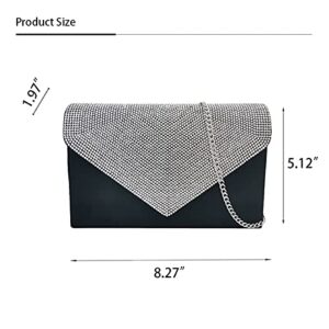 JUBOO PARADISE Black Evening Purses for Women Wedding Prom Party, Silver Rhinestone Faux Suede Crossbody Shoulder Formal Bride Envelop Evening Clutch Bag Handbag