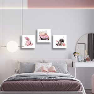 Bedroom Wall Decor Canvas Framed Artwork Perfume Cosmetics High Heels Print Picture Wall Art for Living Room Bedroom Teen Girls Room Modern Home Pink Wall Decorations Size 14x14 inch 3 Pieces