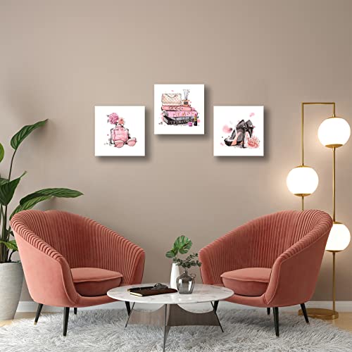 Bedroom Wall Decor Canvas Framed Artwork Perfume Cosmetics High Heels Print Picture Wall Art for Living Room Bedroom Teen Girls Room Modern Home Pink Wall Decorations Size 14x14 inch 3 Pieces