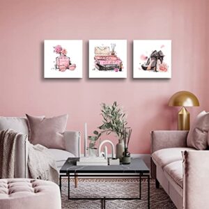 Bedroom Wall Decor Canvas Framed Artwork Perfume Cosmetics High Heels Print Picture Wall Art for Living Room Bedroom Teen Girls Room Modern Home Pink Wall Decorations Size 14x14 inch 3 Pieces