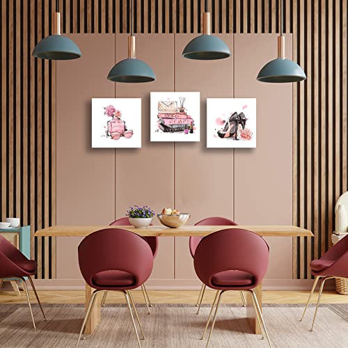 Bedroom Wall Decor Canvas Framed Artwork Perfume Cosmetics High Heels Print Picture Wall Art for Living Room Bedroom Teen Girls Room Modern Home Pink Wall Decorations Size 14x14 inch 3 Pieces