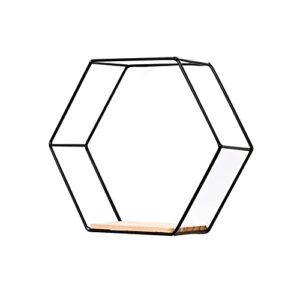 goodilest hexagon floating wood book shelves, iron storage holder wall-mounted multifunctional nordic style geometric firm hexagonal shelf for home bedroom bathroom black l1