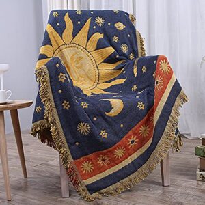 cueerbot sun and moon stars throw blanket celestial tapestry double-sided reversible woven cotton home decor bedding chair couch recliner cover loveseat rug tassels blue yellow