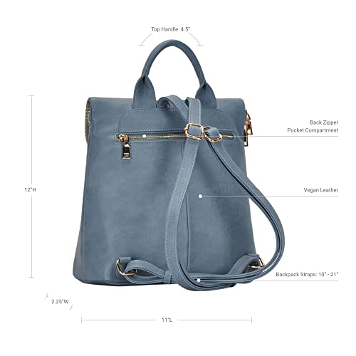 MMS Brands Miztique The Diana Backpack Purse for Women, Flap Over Tote Bag, Soft Vegan Leather - Blue