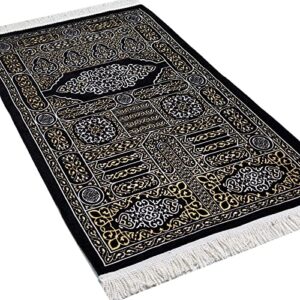 Modefa Turkish Prayer Mat | Luxury Woven Chenille | with Prayer Cap, Beads & Allah Muhammad Car Hanger | Full Kaba Door Swirl Intricate Design (Black)