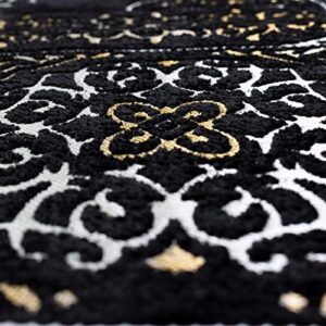 Modefa Turkish Prayer Mat | Luxury Woven Chenille | with Prayer Cap, Beads & Allah Muhammad Car Hanger | Full Kaba Door Swirl Intricate Design (Black)