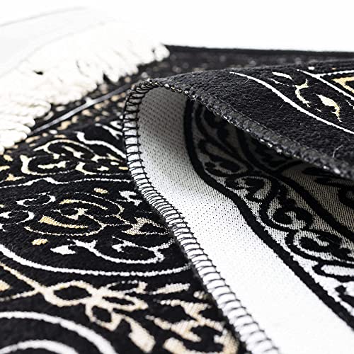 Modefa Turkish Prayer Mat | Luxury Woven Chenille | with Prayer Cap, Beads & Allah Muhammad Car Hanger | Full Kaba Door Swirl Intricate Design (Black)