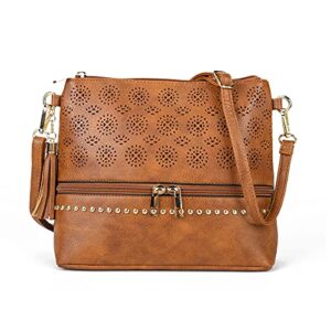 boho crossbody bags for women leather purses and handbags small cross body bags retro hollow out bags ladies handbags brown