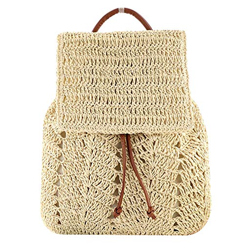 Lightweight Straw Crochet Backpack Hollow Out Drawstring Shoulders Bag for Women