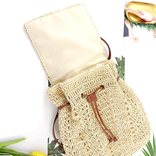 Lightweight Straw Crochet Backpack Hollow Out Drawstring Shoulders Bag for Women